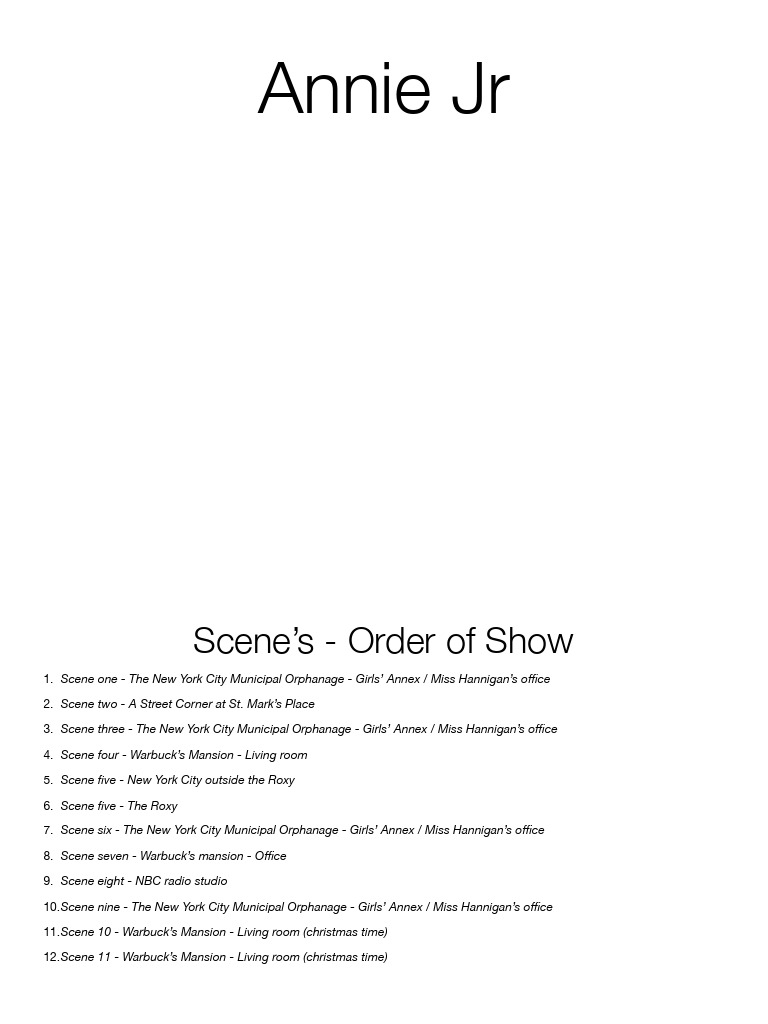 Annie Jr. Scene Breakdown and Sets | PDF | Annie (Musical)
