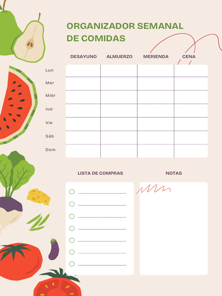 Documento A4 Organizador de Comidas Semanal Ilustrado Verde | PDF
