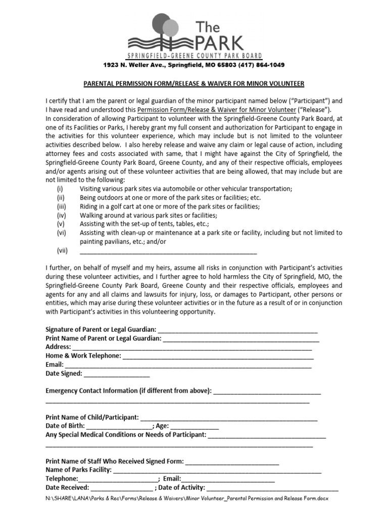 Minor Volunteer - Parental Permission and Release Form | PDF | Legal Guardian