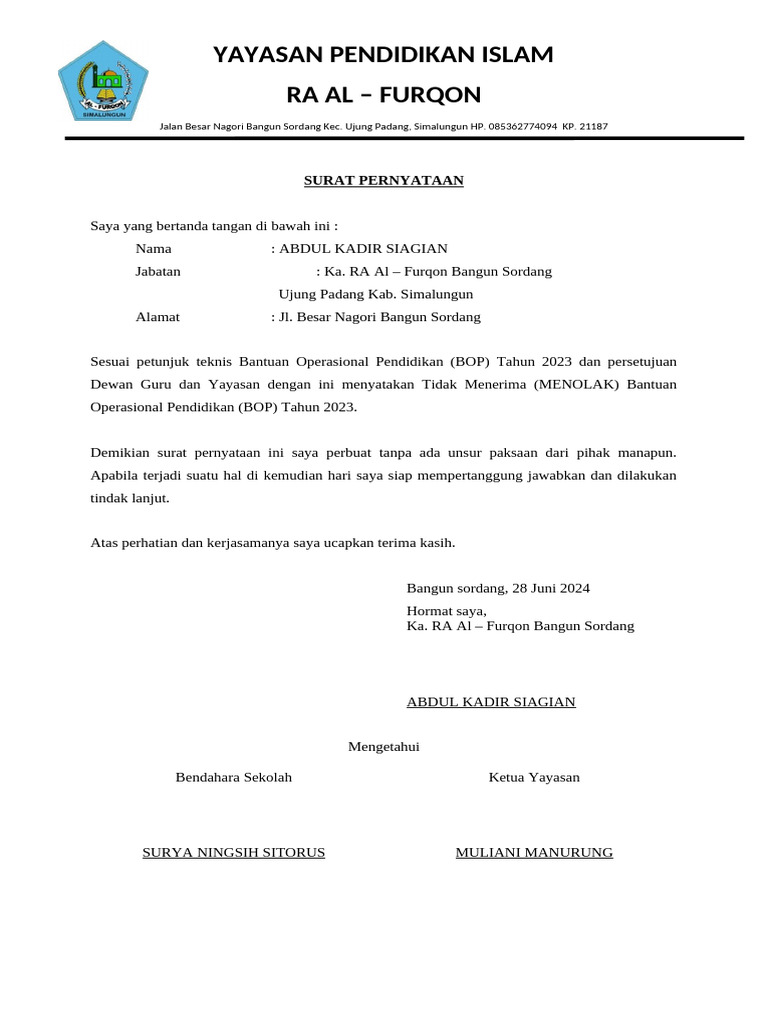 Surat Pernyataan BOP Al Furqon | PDF