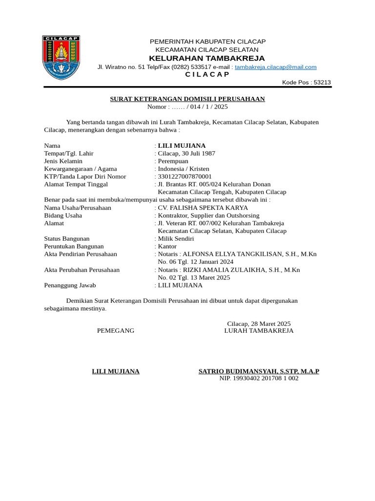 Surat Keterangan Domisili CV. Falisha | PDF
