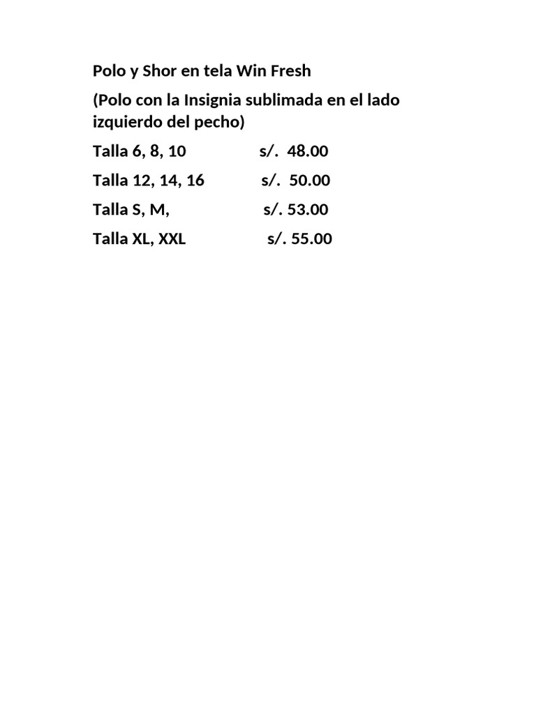 Polo y Shor en Tela Win Fresh Propuesta | PDF