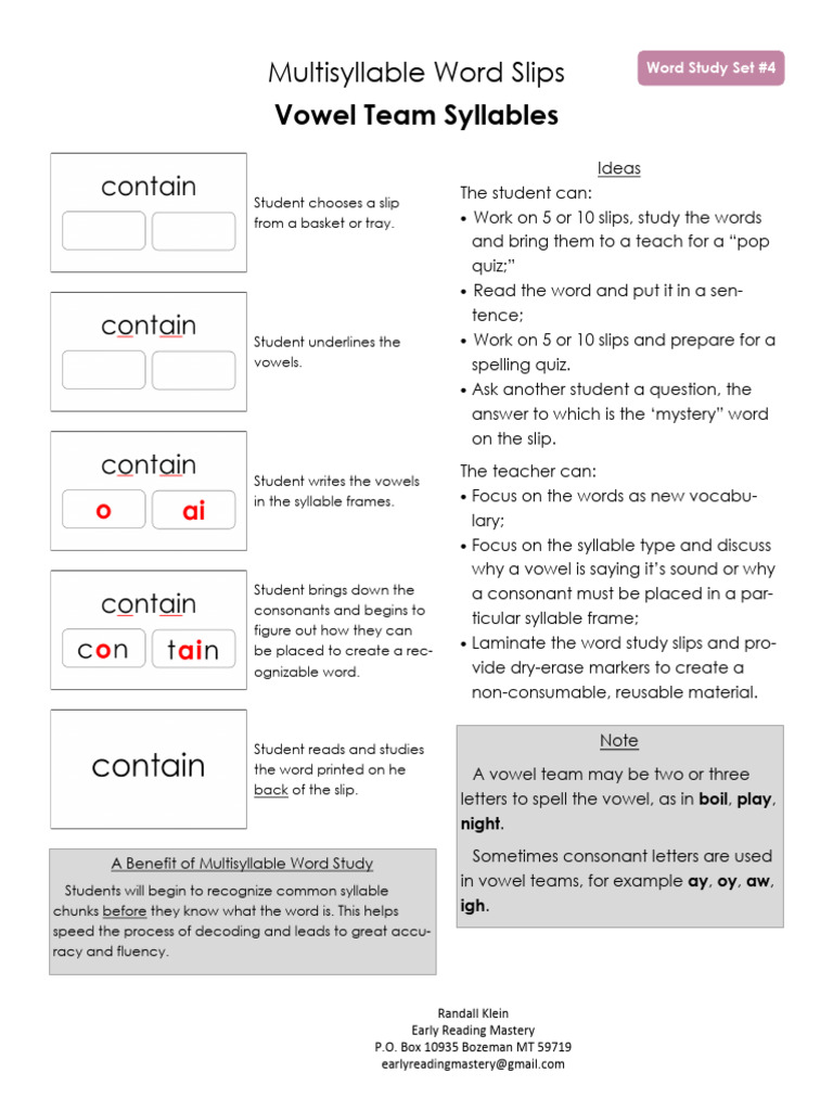 Multisyllable Word Study Slips Vowel Team Syllables | PDF | Human Voice ...