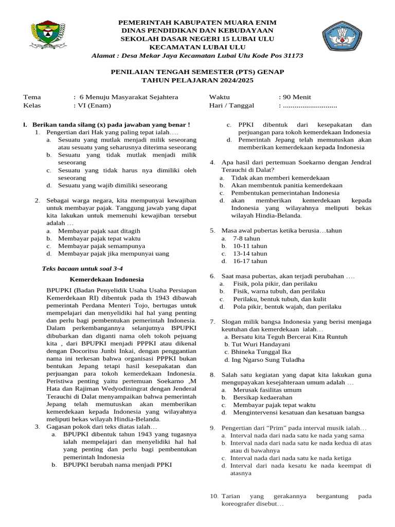 Soal PTS Kelas 6 Tema 6 | PDF