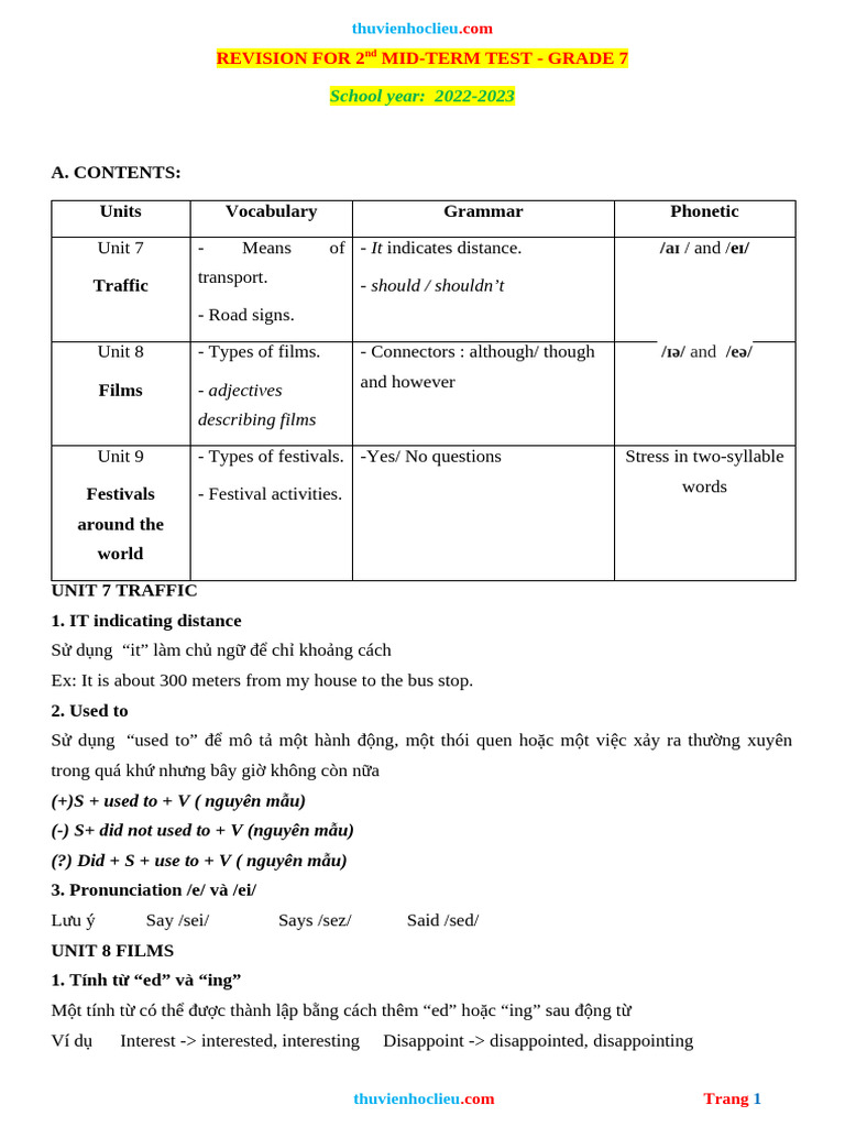 thuvienhoclieu.com-De-cuong-on-giua-HK2-Tieng-Anh-7-nam-22-23 | PDF | Traffic