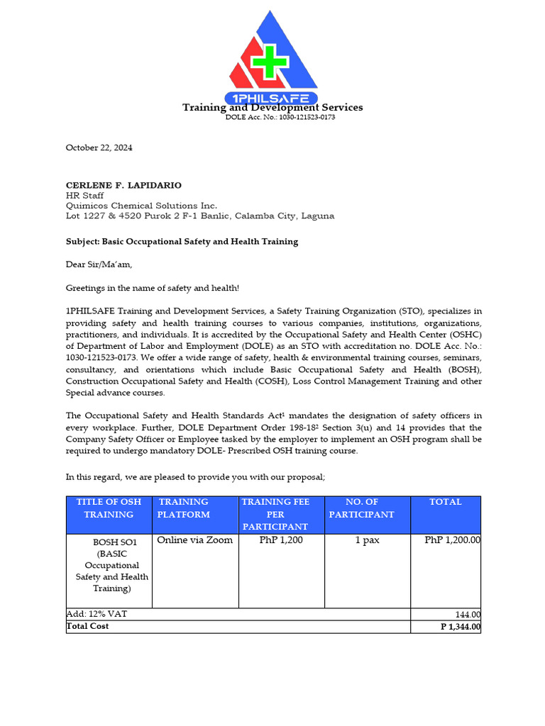 BOSH Training Proposal by 1PHILSAFE | PDF | Occupational Safety And ...