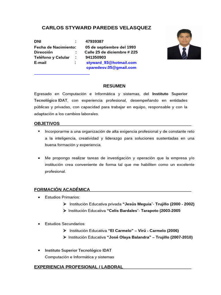 Carlos Styward Paredes Velasquez Cv | PDF | Tecnologías de la información | Informática