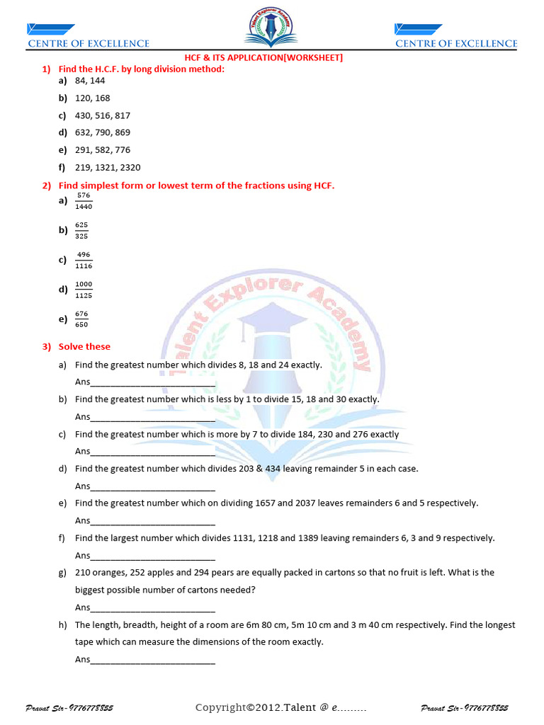 HCF & Its Application (Worksheet) | PDF