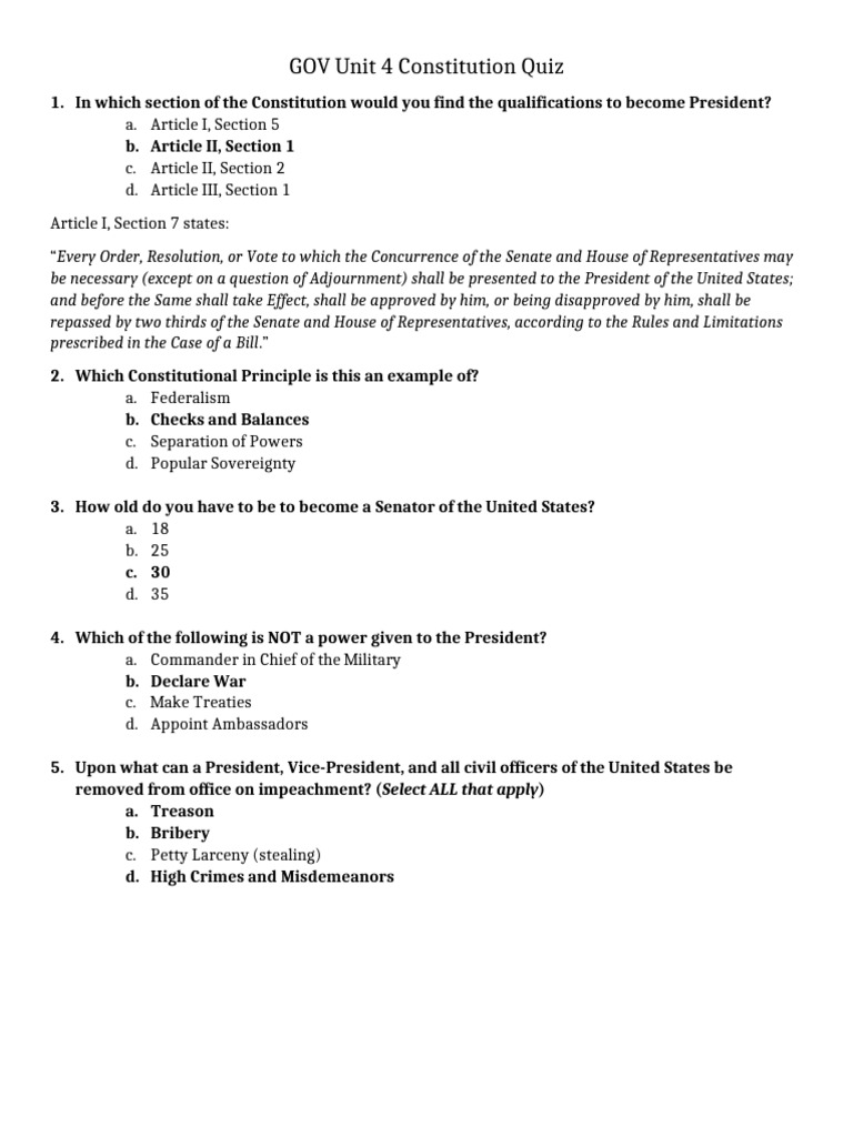 Constitution Quiz: Key Principles & Facts | PDF | Article One Of The ...