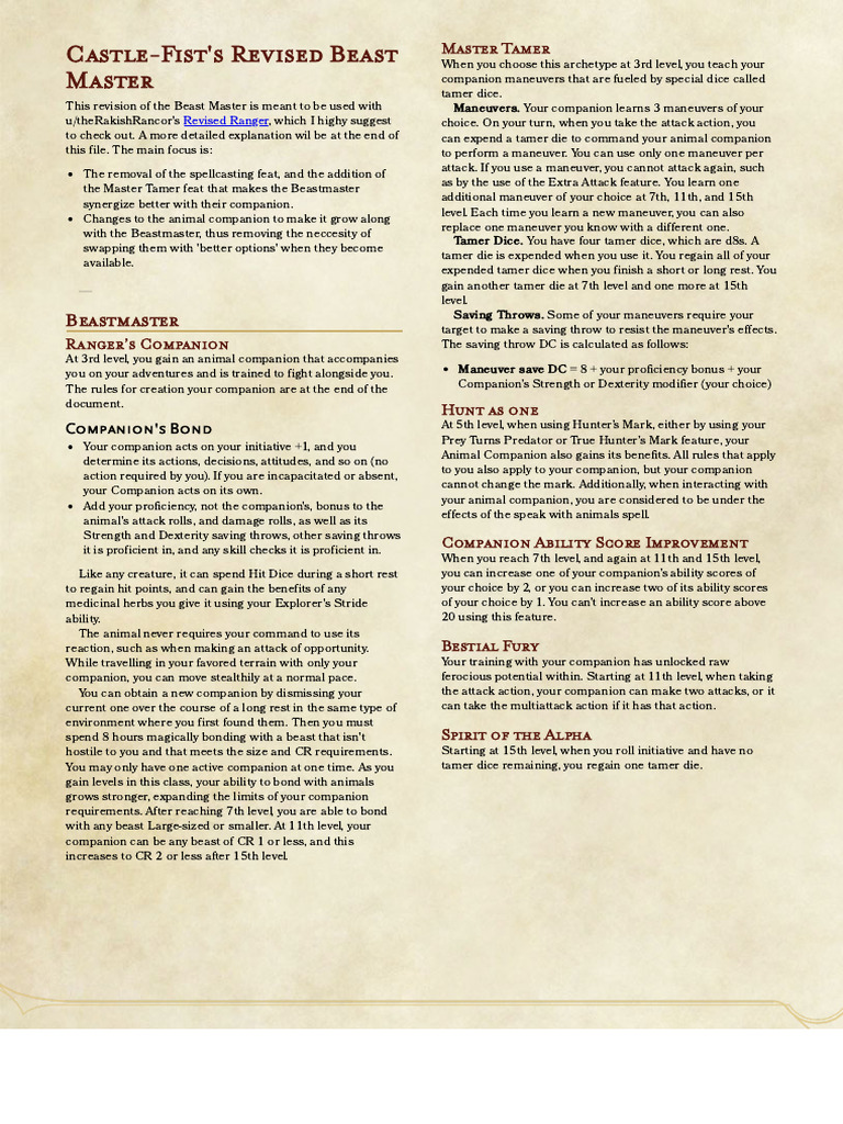 Castle-Fist's Revised Beast Master - The Homebrewery | PDF