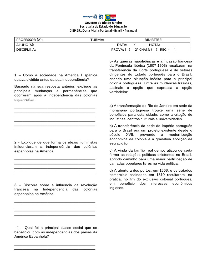 Prova 2ano Ciep251 Hist | PDF | Brasil | Espanha