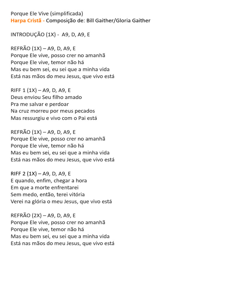 Letra Simplificada de "Porque Ele Vive" | PDF