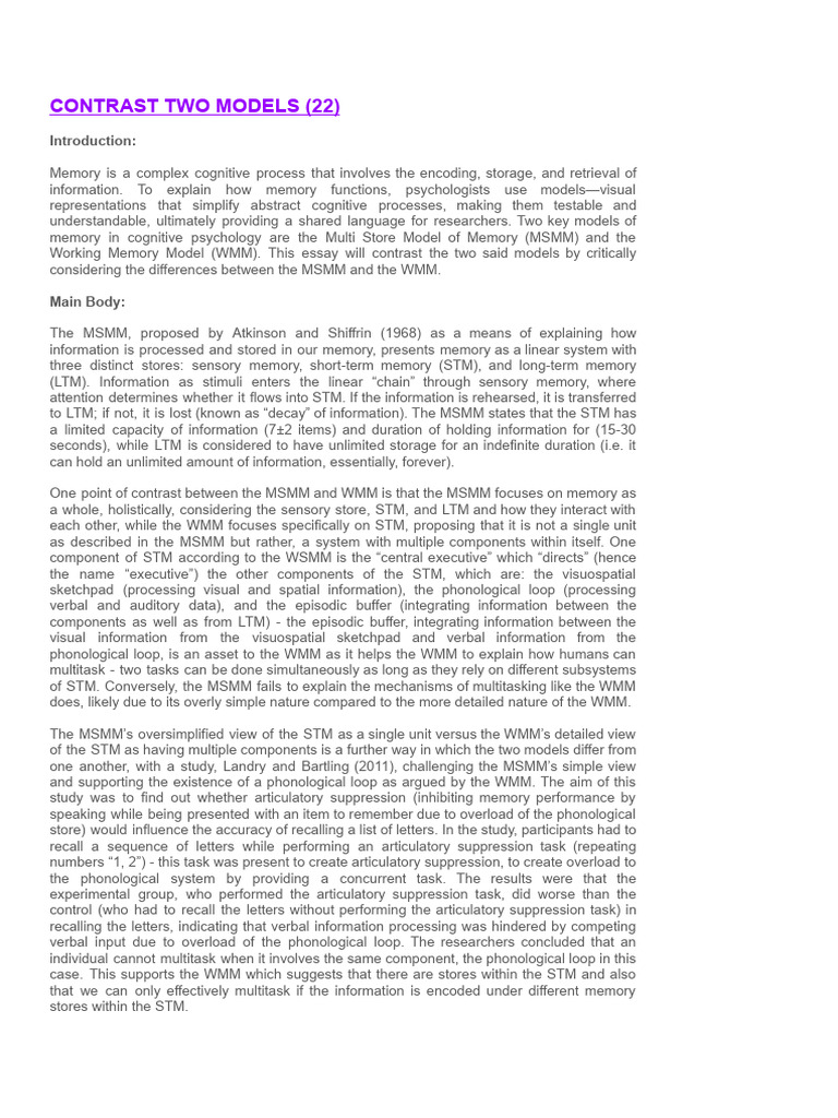 Ib HL Psych Erq Sample Contrast Two Models of Memory | PDF | Memory ...