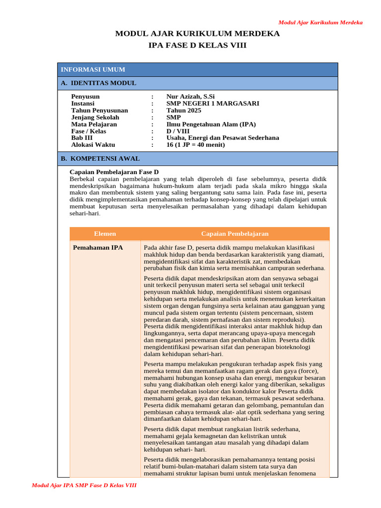 Modul Ajar IPA Kelas VIII Kurikulum Merdeka | PDF