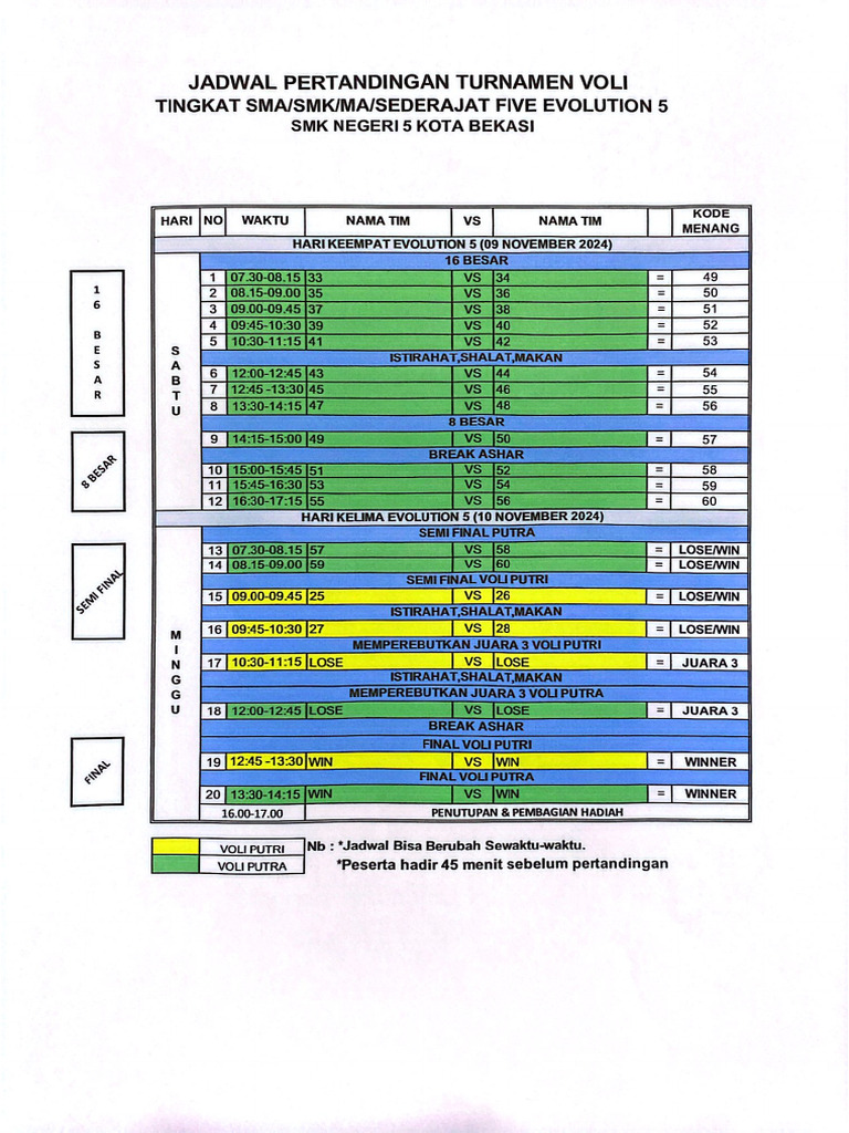 Jadwal Turnamen Voli | PDF