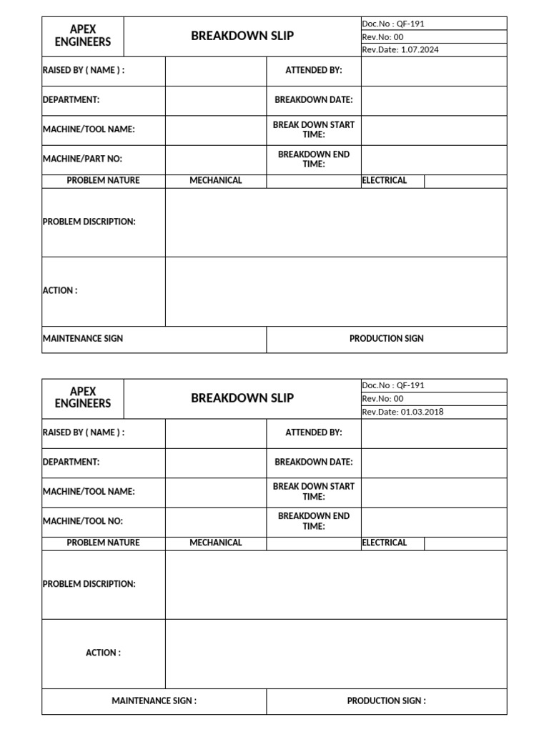 QF-191 Breakdown Slip (Mould & Machine) | PDF