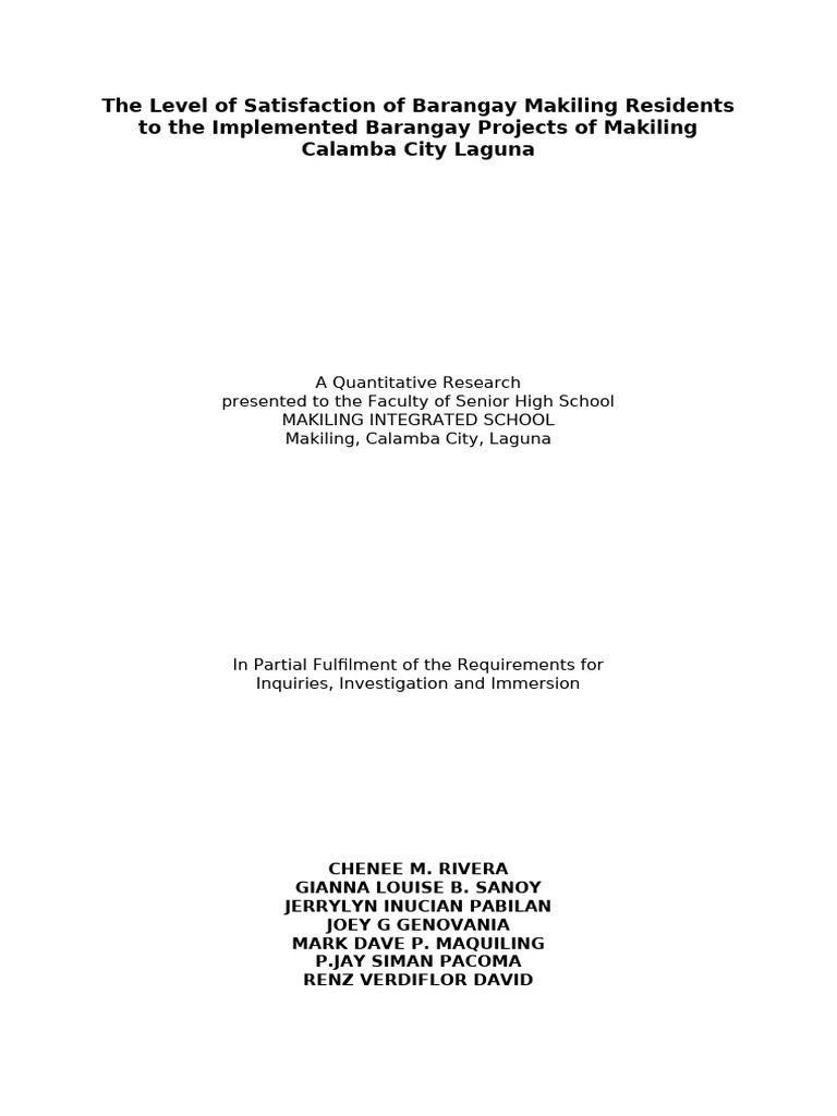 CHAPTER 1 3 3is the Level of Satisfaction of Barangay Makiling ...