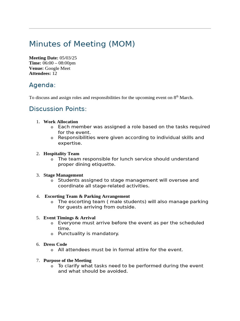 Event Role Assignments Meeting Minutes | PDF