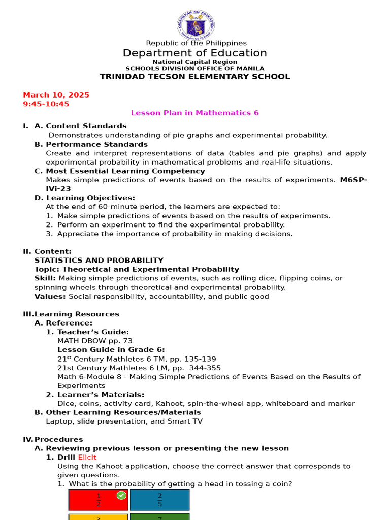 Experimental Probability Lesson Plan | PDF | Probability | Learning
