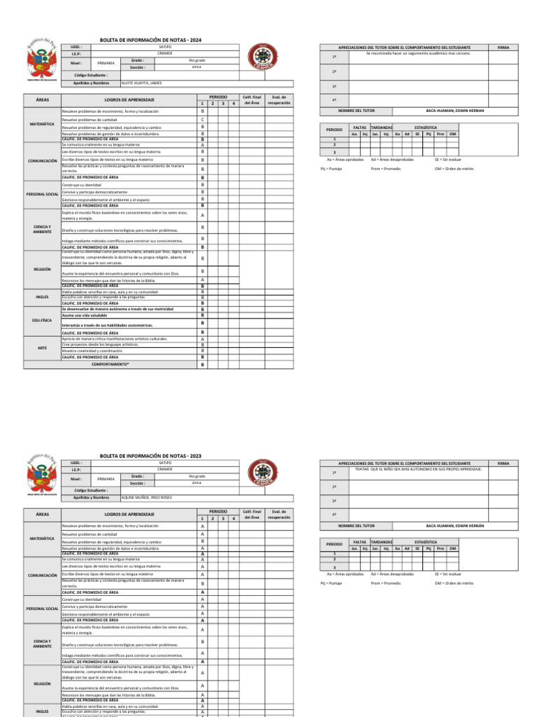 Boletas de Notas Cuarto de Primaria Primer Bimestre | PDF | Doctrina | Science