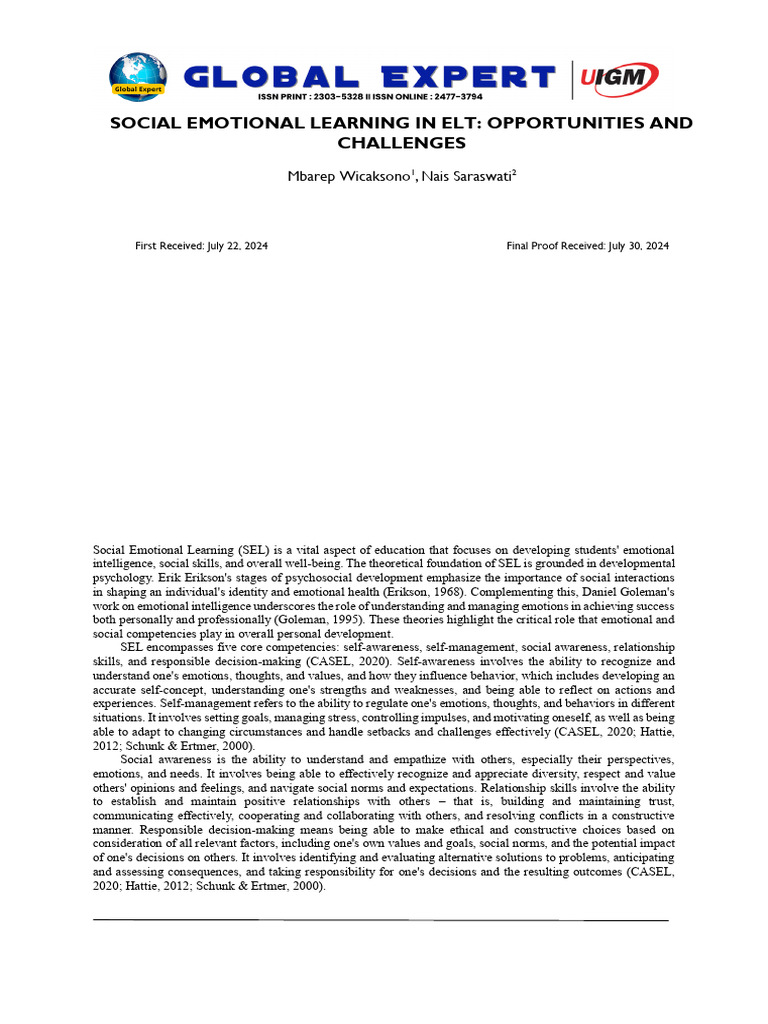 SEL in ELT - Oppotunities and Challenges | PDF | Psychological ...