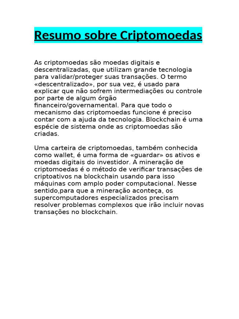 Resumo Sobre Criptomoedas | PDF