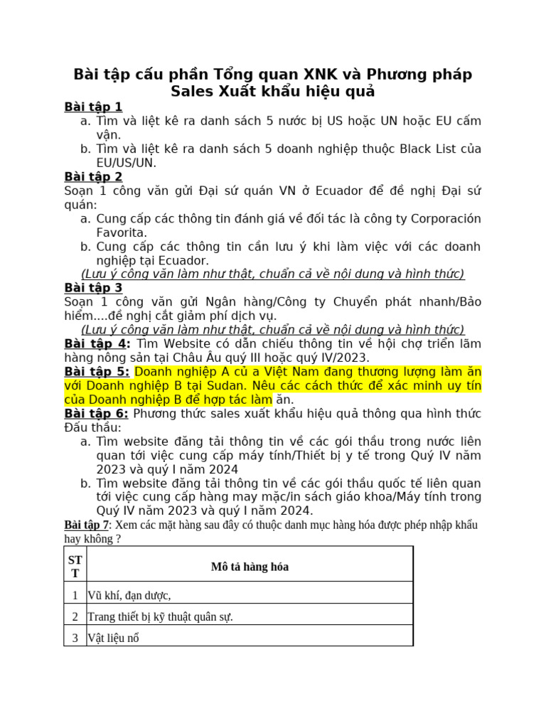 Bài tập cấu phần Tổng quan XNK và Phương pháp | PDF