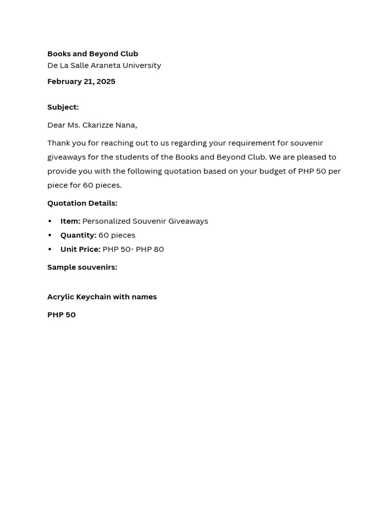 Quotation For Souvenir Giveaways | PDF
