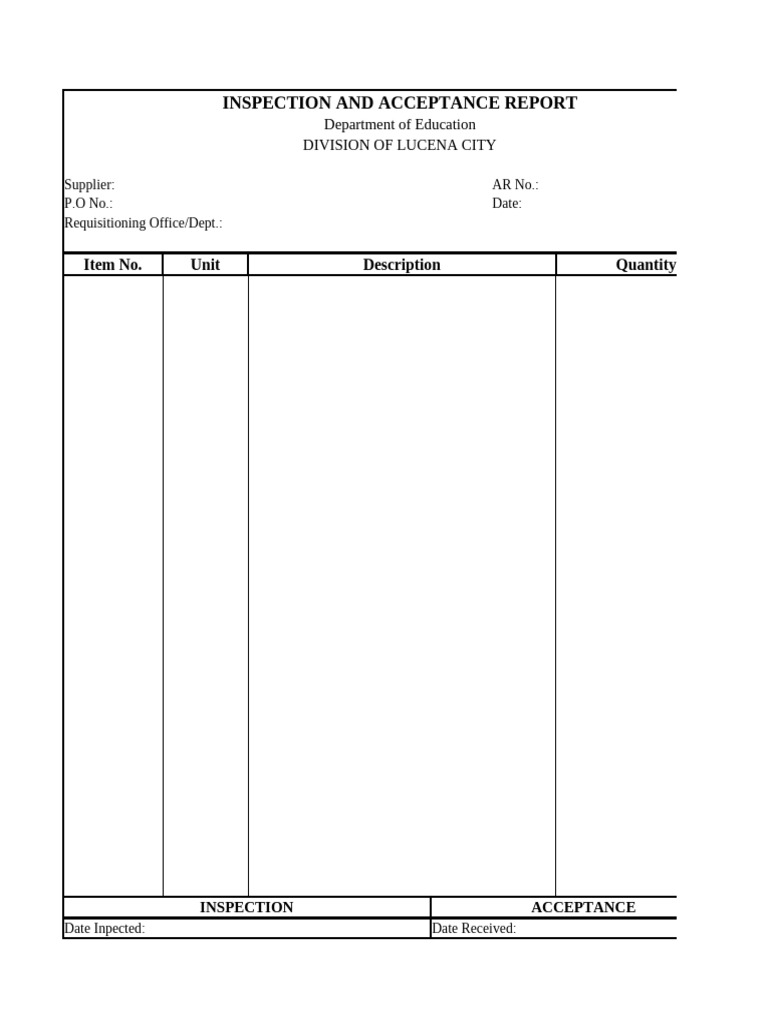 Inspection and Acceptance Report: Item No. Unit Description Quantity | PDF