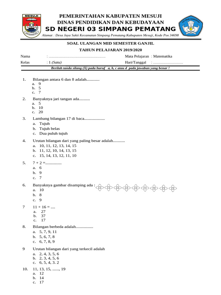 Soal Ulangan Matematika Kelas 1 | PDF
