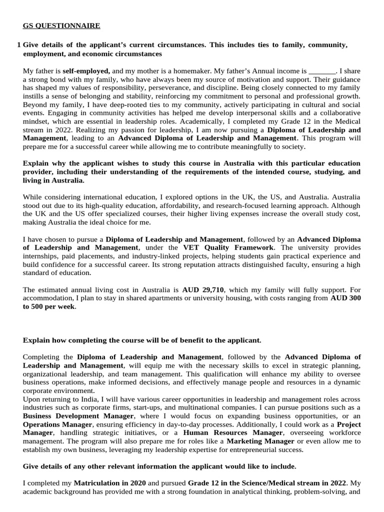 GS Questionnaire Komal Sample | PDF | Leadership | Economies