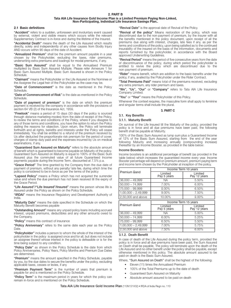 Gold Income Plan 110N131V02 TandC | PDF | Insurance | Interest