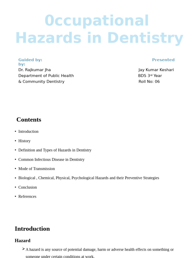 Occupational Hazards in Dentistry | PDF | Infection | Hazards