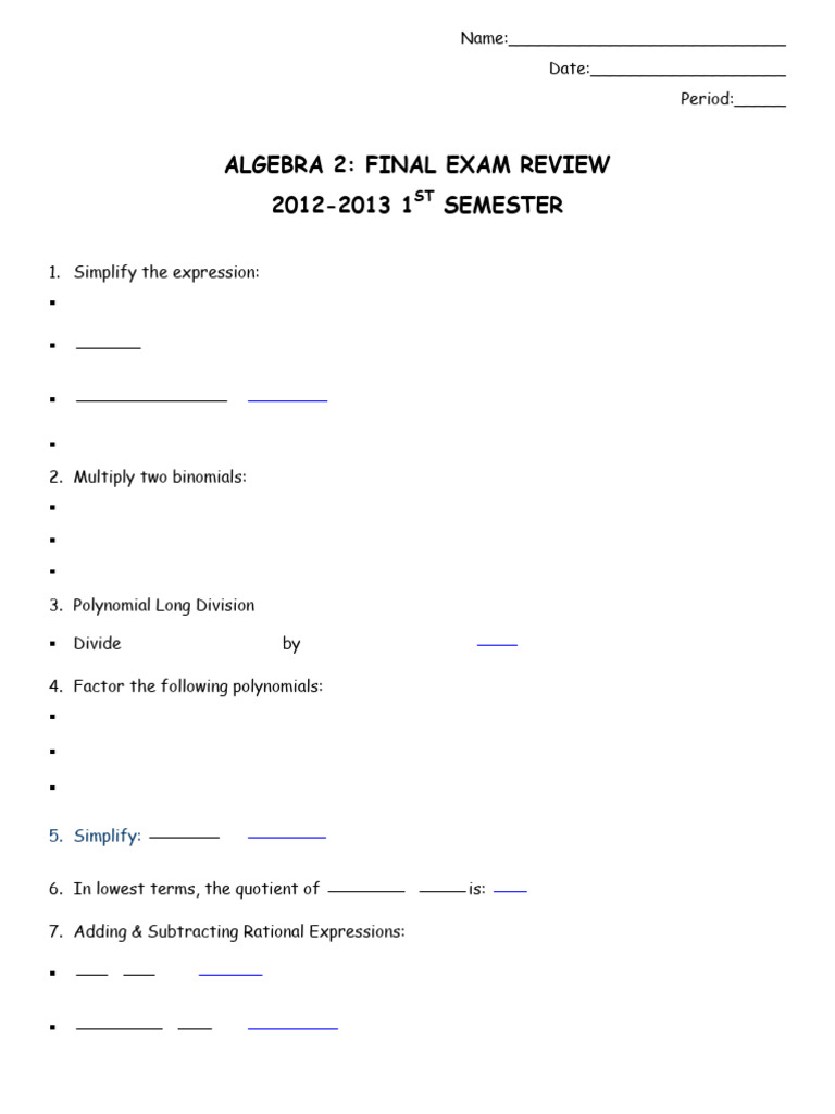 Algebra 2 Final Study Guide With Answers | PDF | Quadratic Equation ...