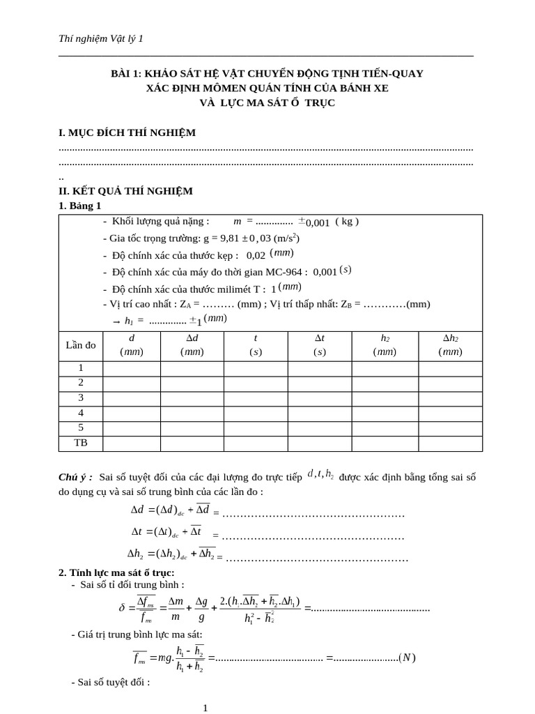 BÁO CÁO THÍ NGHIỆM VL1 | PDF