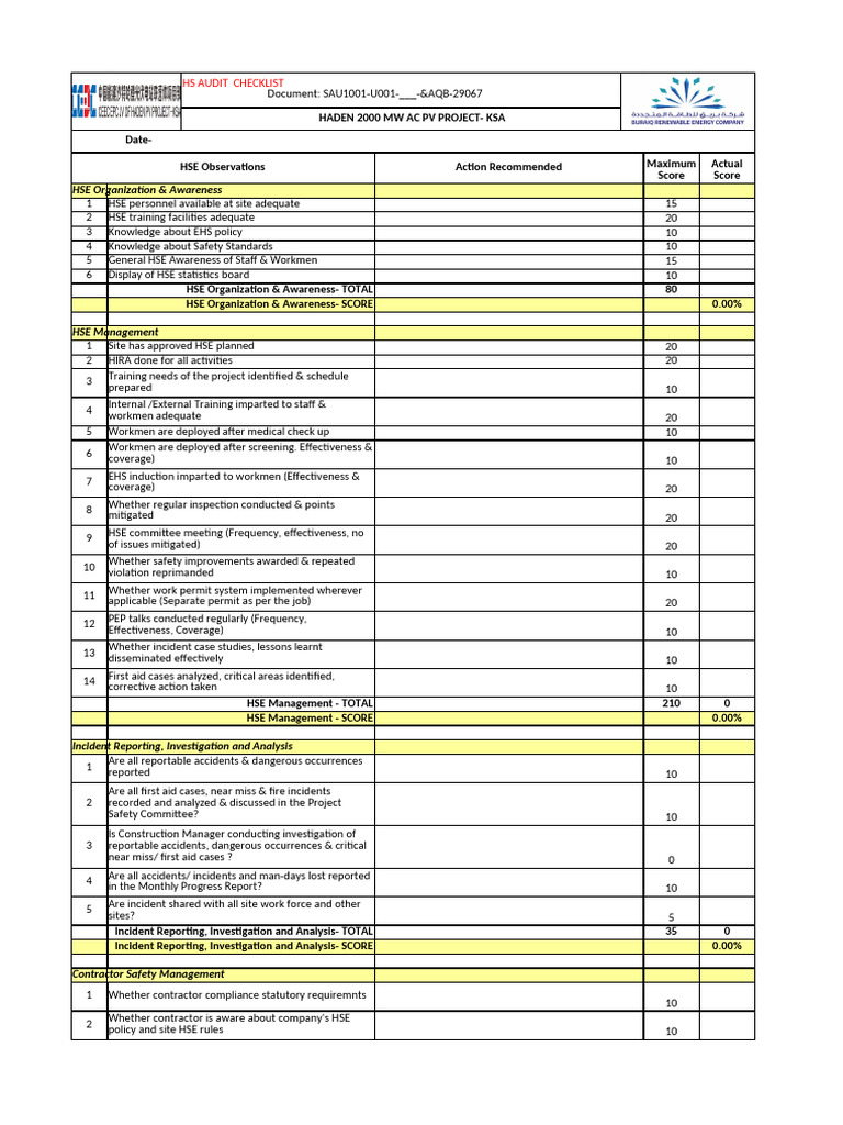 HSE Audit Checklist for PV Project KSA | PDF | Fires | Firefighting