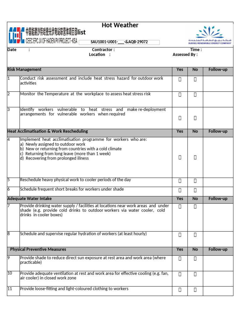 SAU1001-U001 - &AQB-29072 Hot Weather Checklist | PDF | Hyperthermia ...