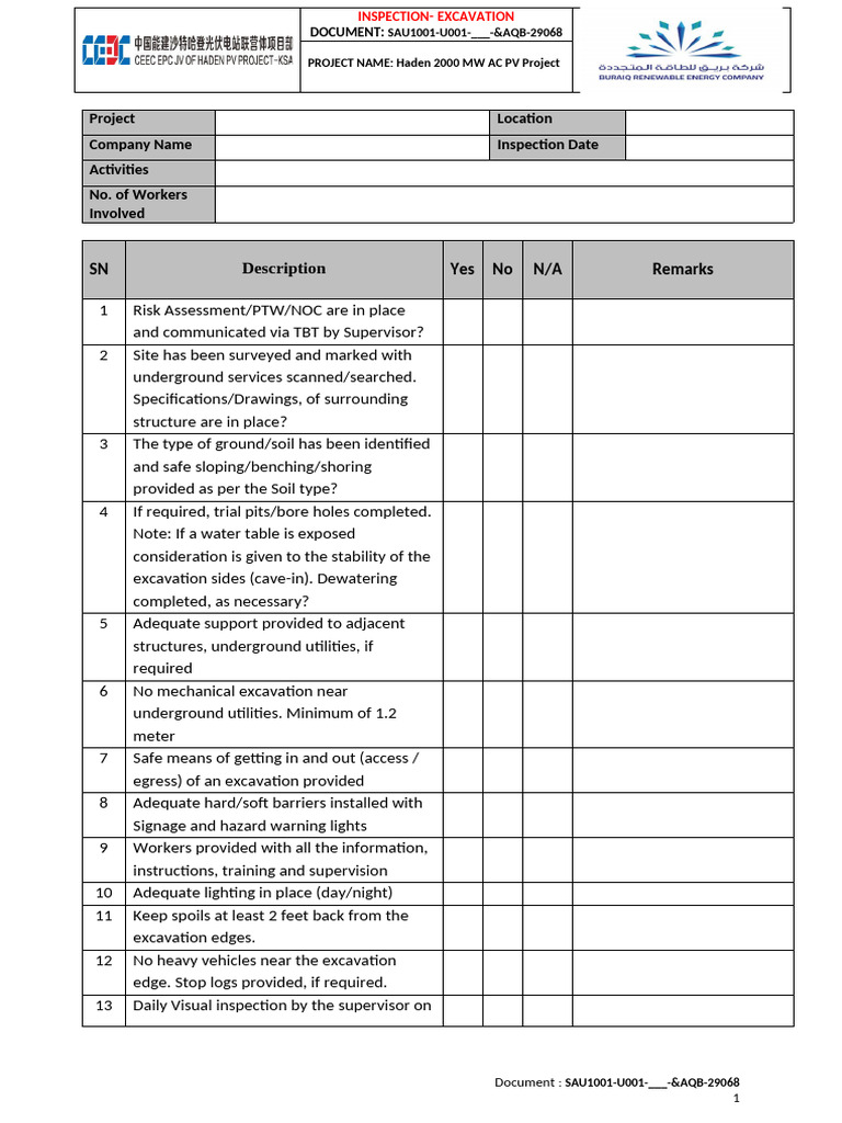 Excavation Safety Inspection Checklist | PDF | Safety