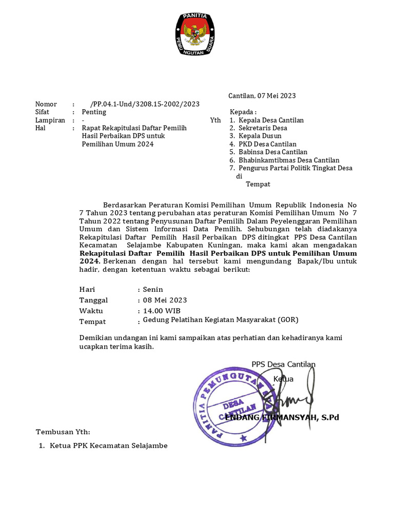 Undangan Pleno Hasil Perbaikan DPS | PDF