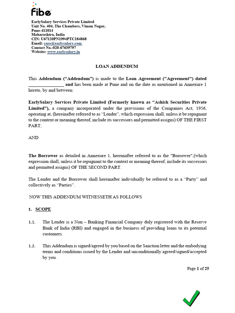 Loan Agreement Addendum for EarlySalary | PDF | Loans | Interest