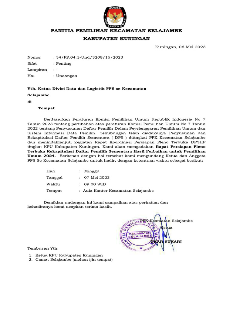 Rapat Persiapan Pleno Terbuka Rekapitulasi DPSHP Untuk Pemilihan Umum 2024 | PDF