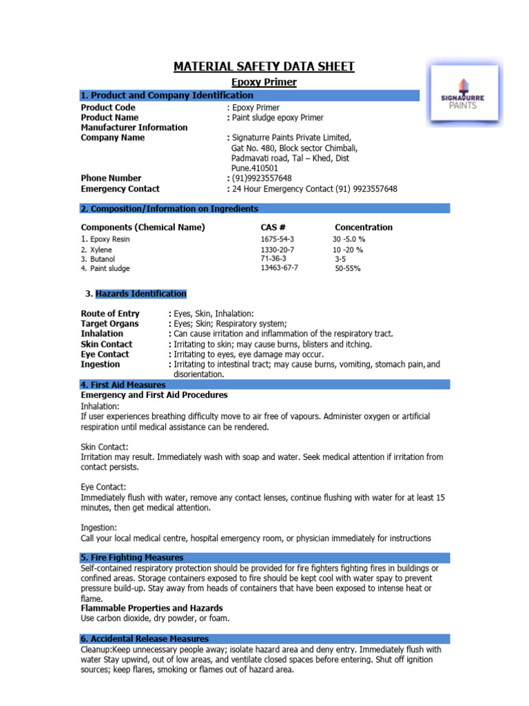 MSDS Epoxy Paint Sludge Primer | PDF