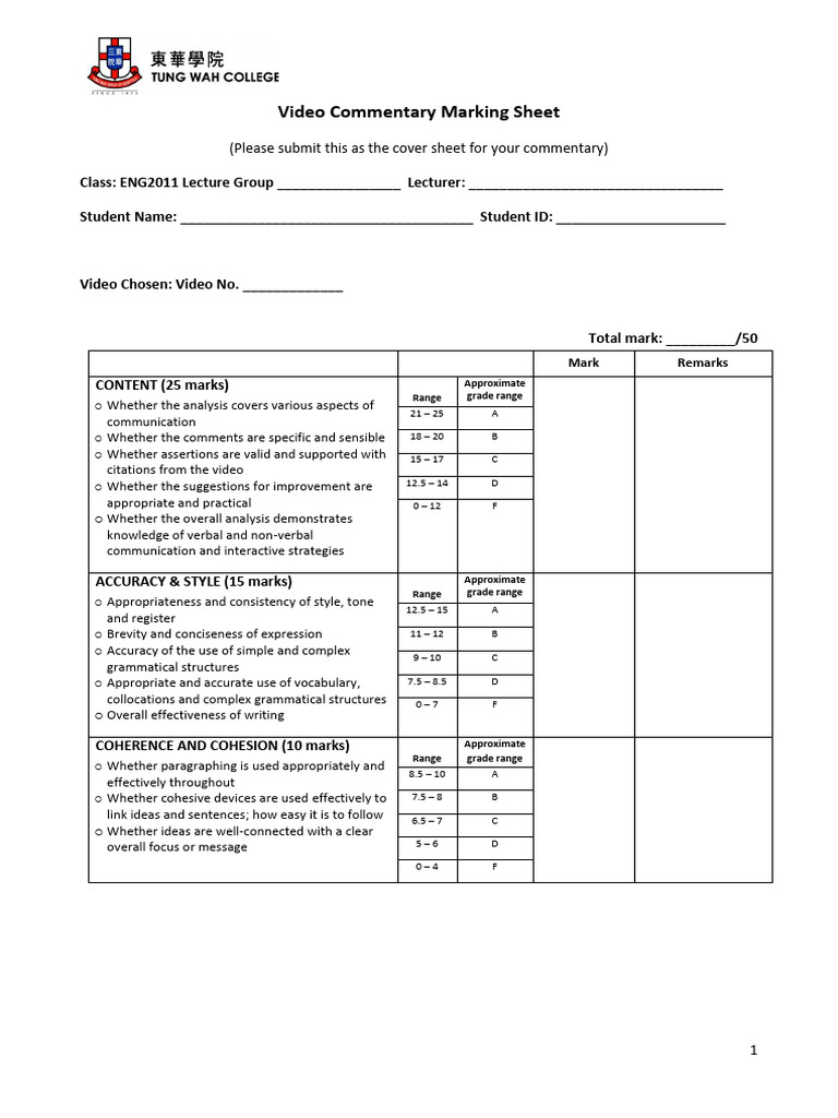 ENG2011 Video Commentary - Marking Cover Sheet 2 | PDF | Communication ...