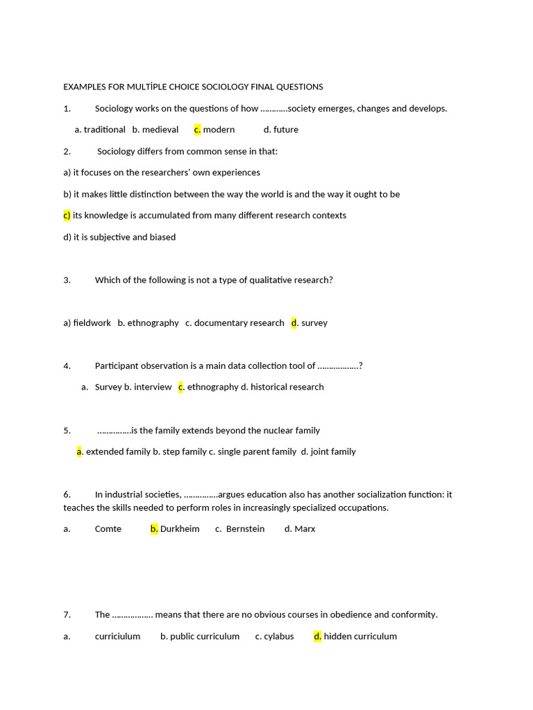 Sociology Final Exam Multiple Choice Questions | PDF | Social ...