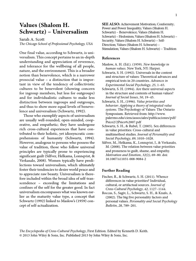 Values (Shalom H. Schwart) - Universalim | PDF | Psychological Concepts | Behavioural Sciences