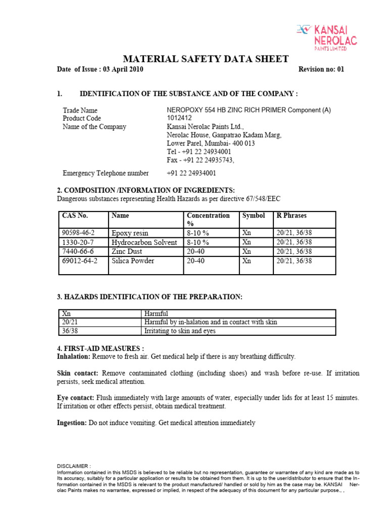1012412-Msds-Neropoxy 554 HB Zinc Rich Primer Component (A) | PDF ...