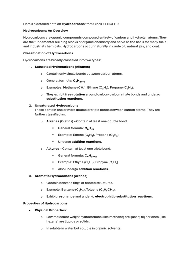 Class 11 NCERT Hydrocarbons Overview | PDF