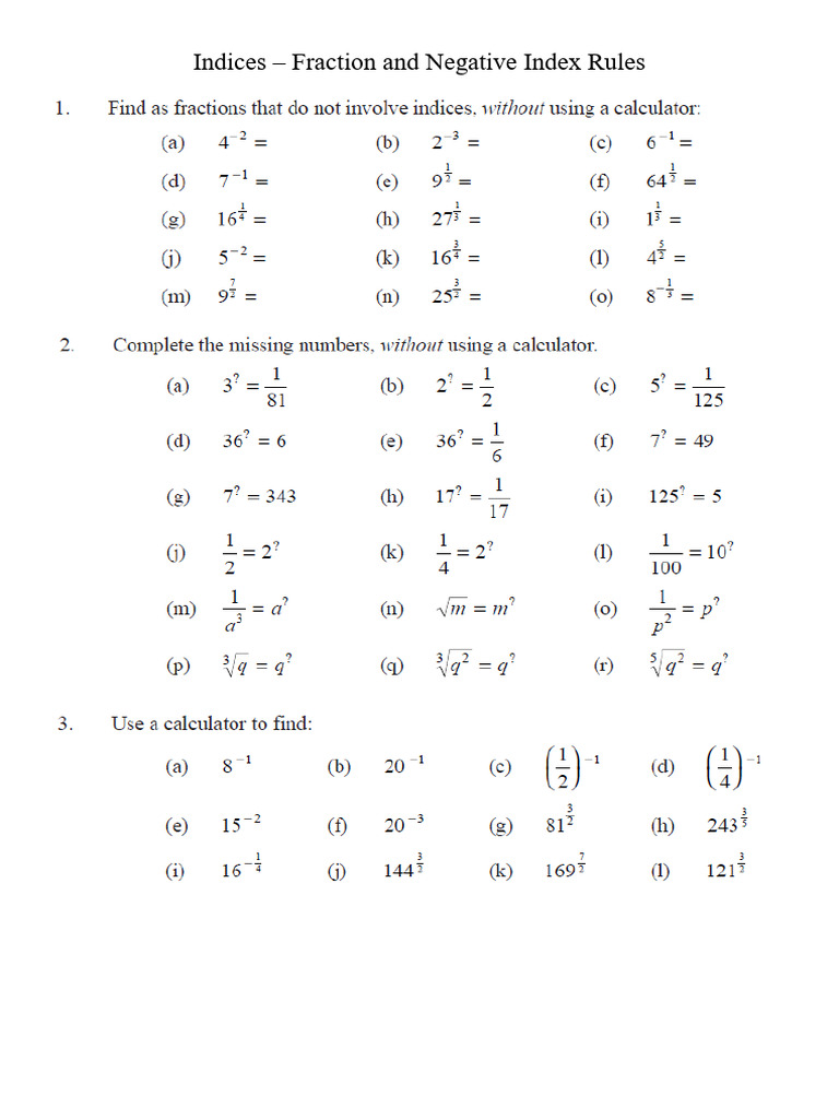 Fraction and Negative Index Rules Explained | PDF