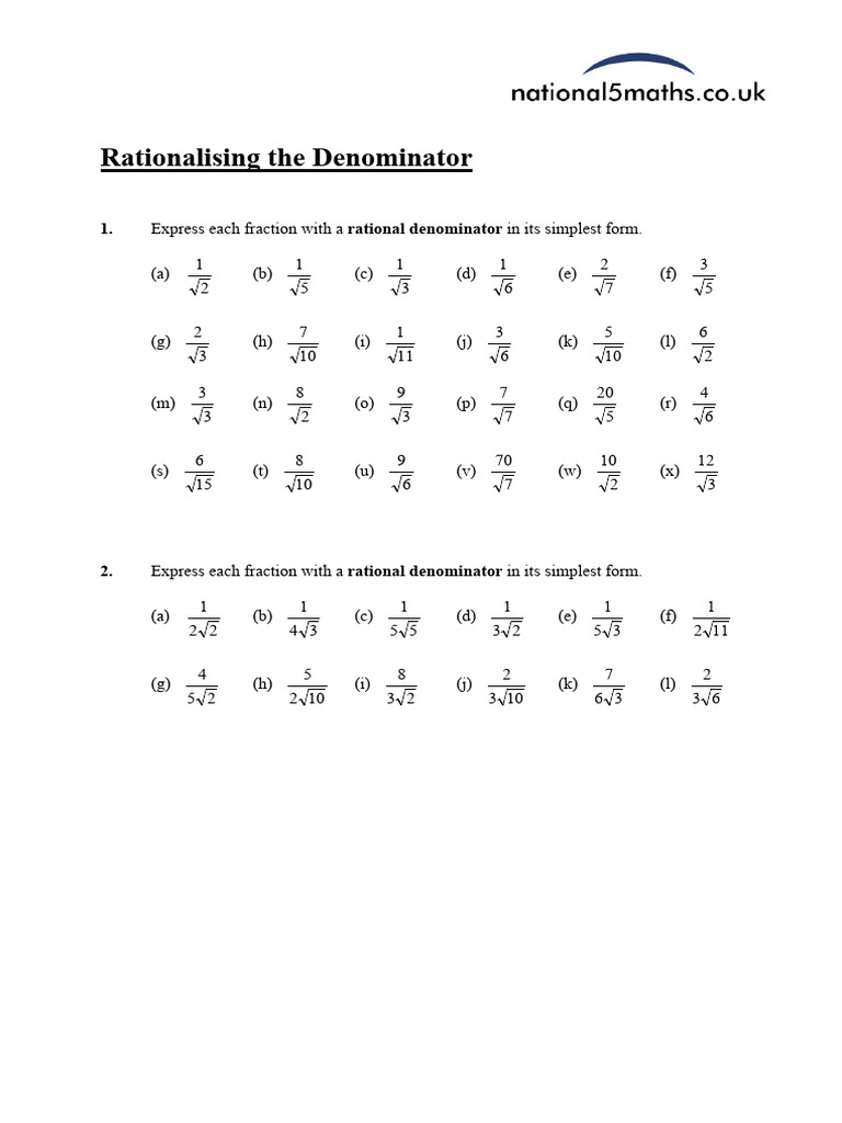 Rationalising The Denominator Q F | PDF
