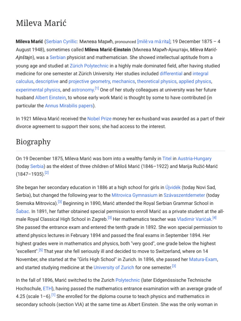 Mileva Marić - Wikipedia | PDF
